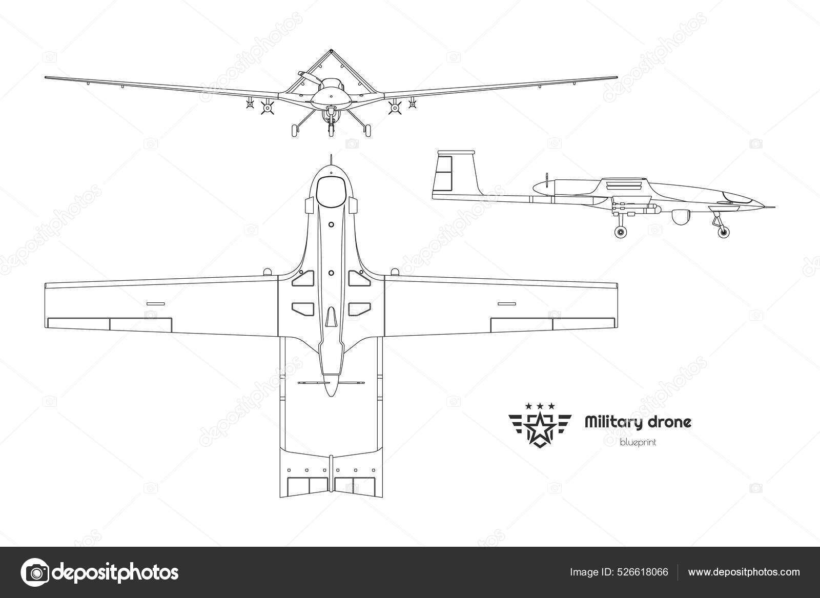 Outline military drone top, side, front view. Isolated army plane ...