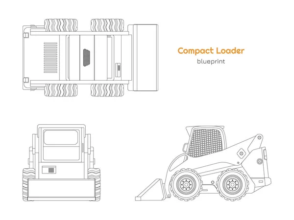 Outline drawing of excavator on white background. Top, side and front ...