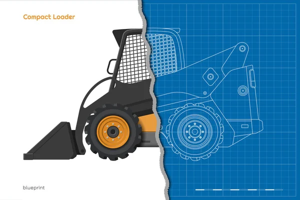 Outline drawing of wheel loader on white background. Top, side and ...