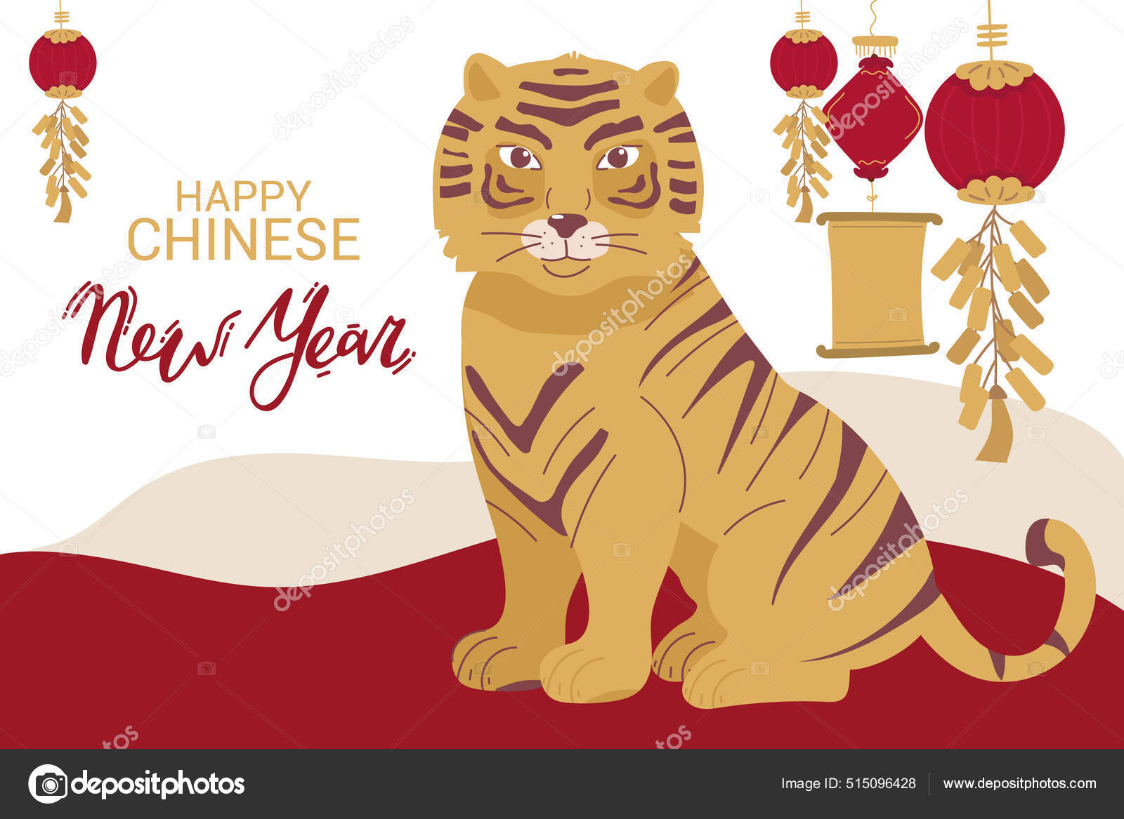2022 Chinese New Year traditional with Tiger greeting card vector illustration. Horizontal ...