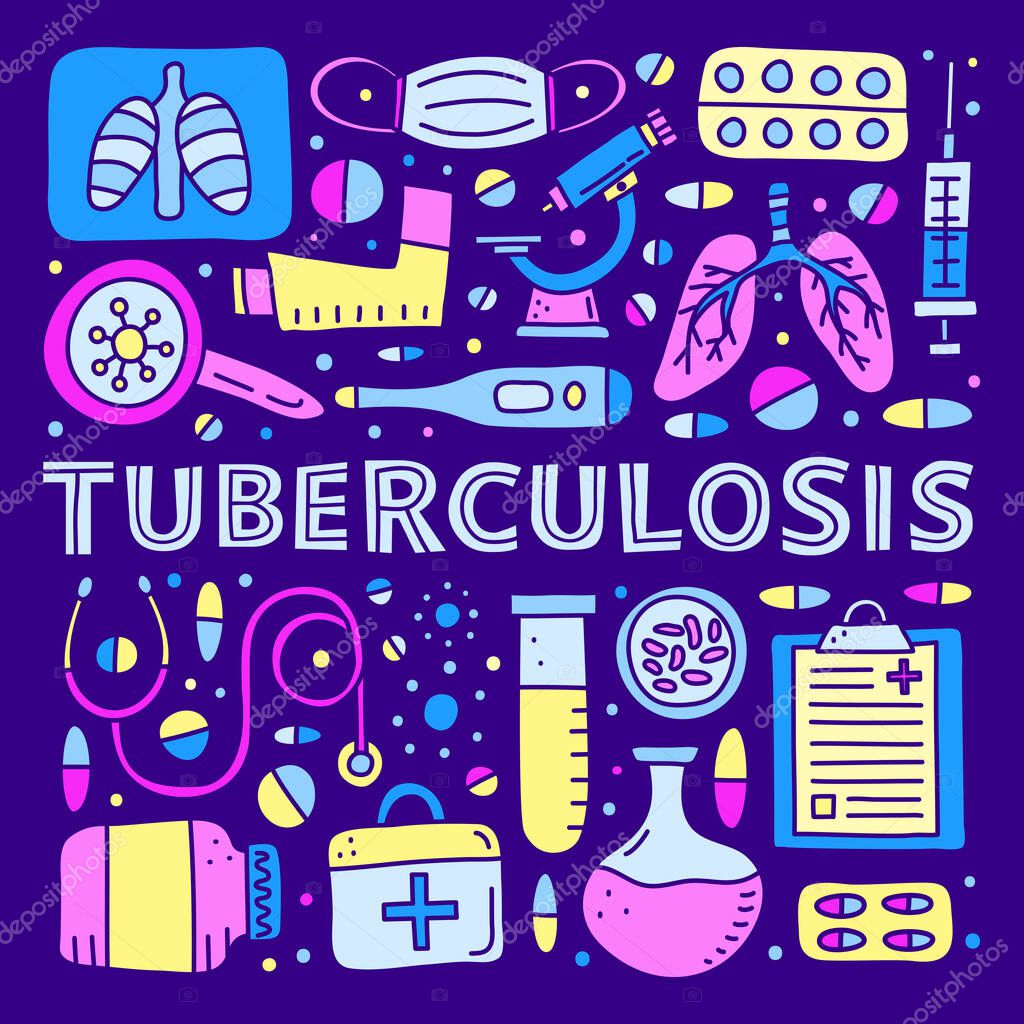 Póster con letras y garabatos coloridos artículos de tuberculosis ...
