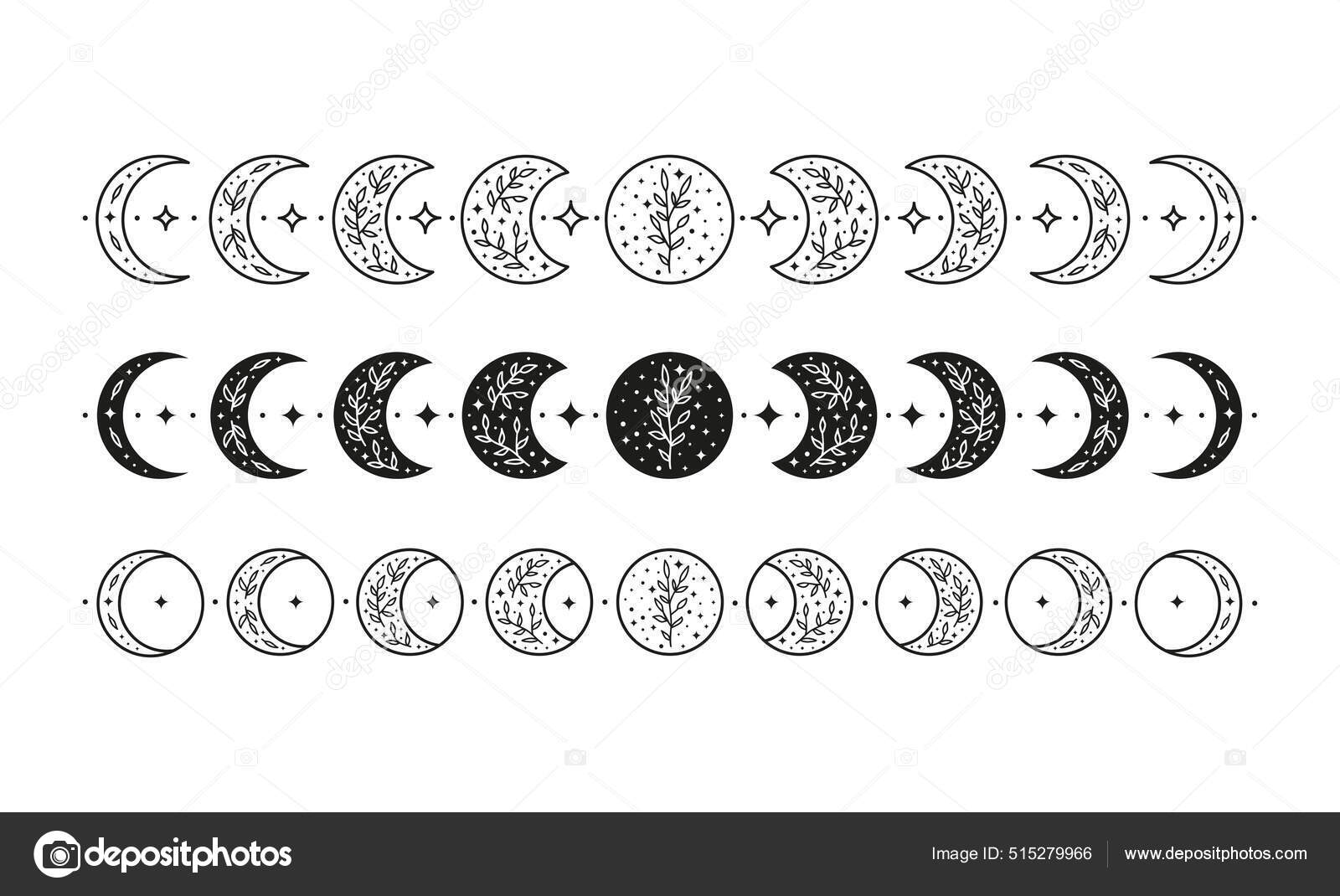 Set Hand Drawn Black Outline Celestial Floral Moon Phases Isolated ...