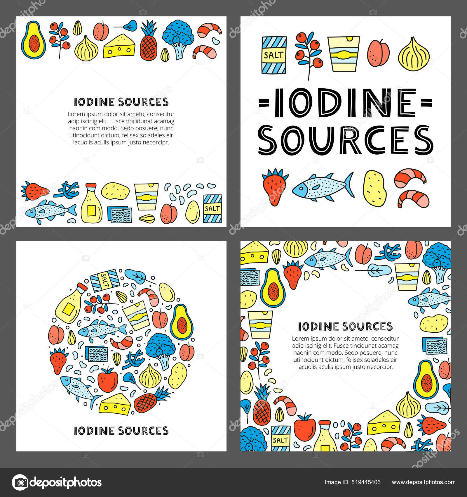 Conjunto Tarjetas Con Letras Yodo Color Garabato Fuentes Alimentación ...