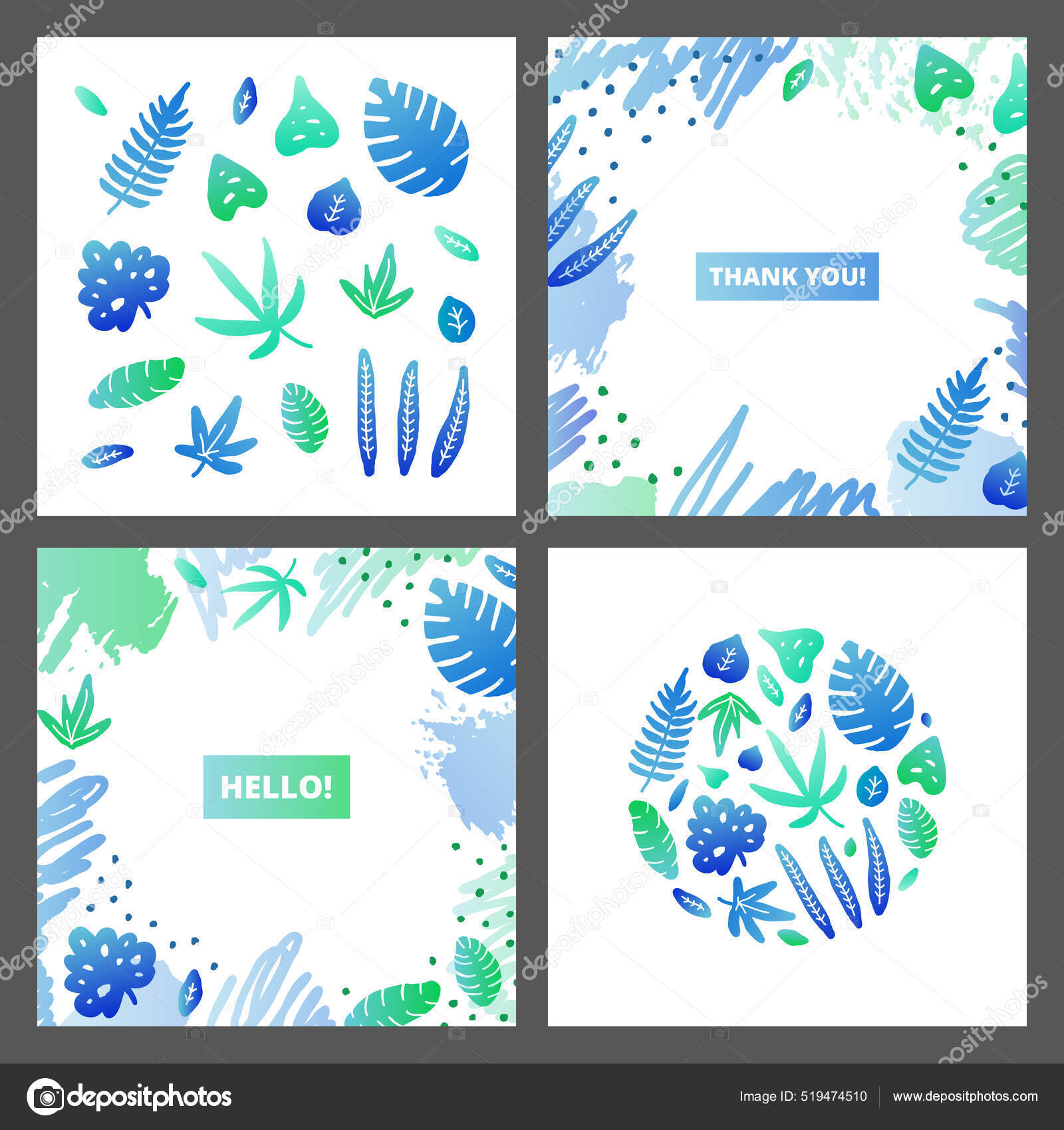 Set Cards Doodle Colorful Blue Mint Green Tropical Jungle Leaves Stock ...