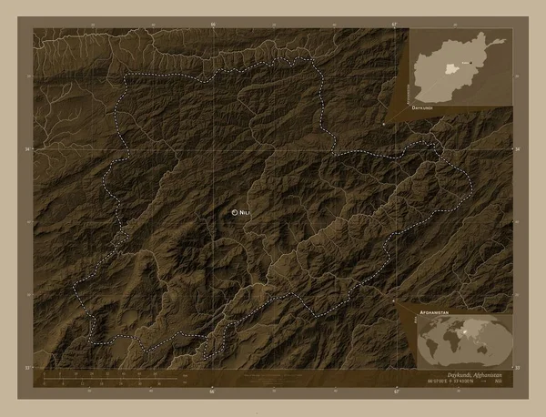 Daykundi, province of Afghanistan. Elevation map colored in sepia tones ...