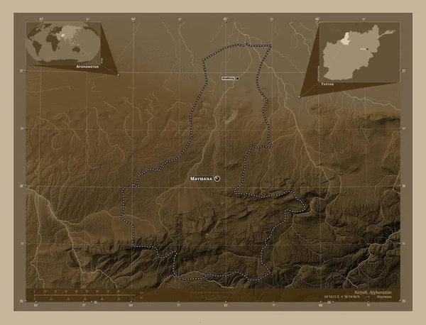 Faryab, province of Afghanistan. Elevation map colored in sepia tones ...
