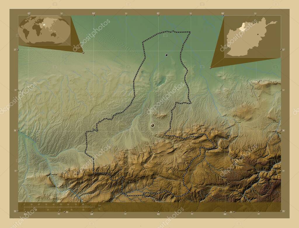Faryab, province of Afghanistan. Colored elevation map with lakes and ...