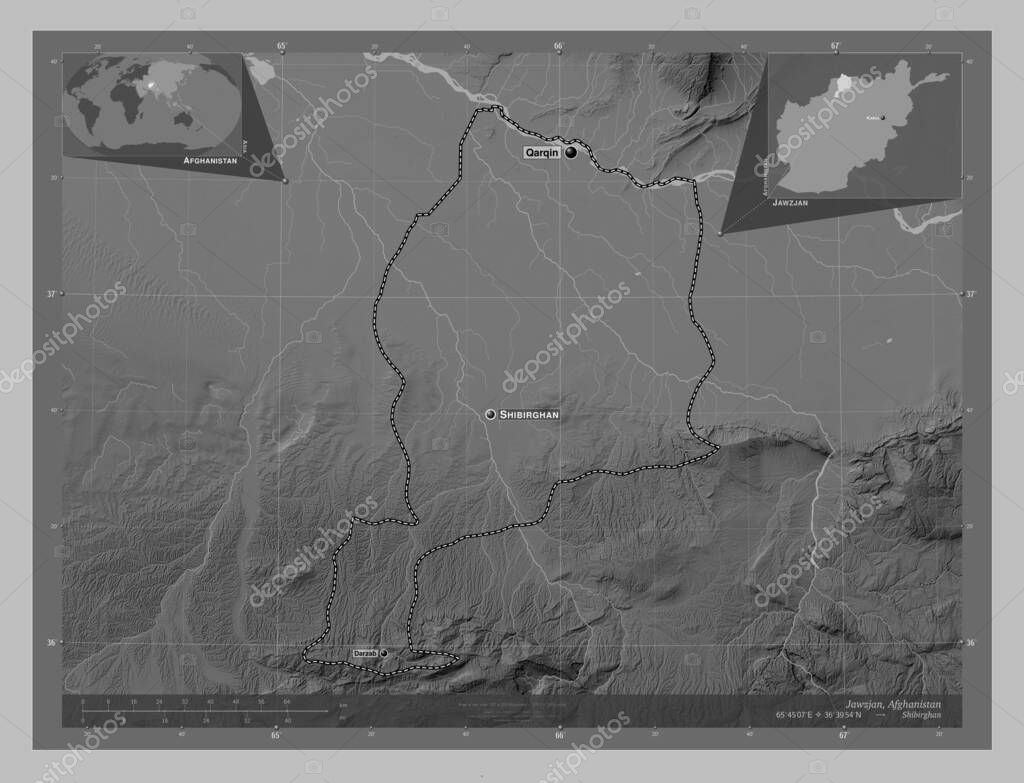 Jawzjan, province of Afghanistan. Grayscale elevation map with lakes ...