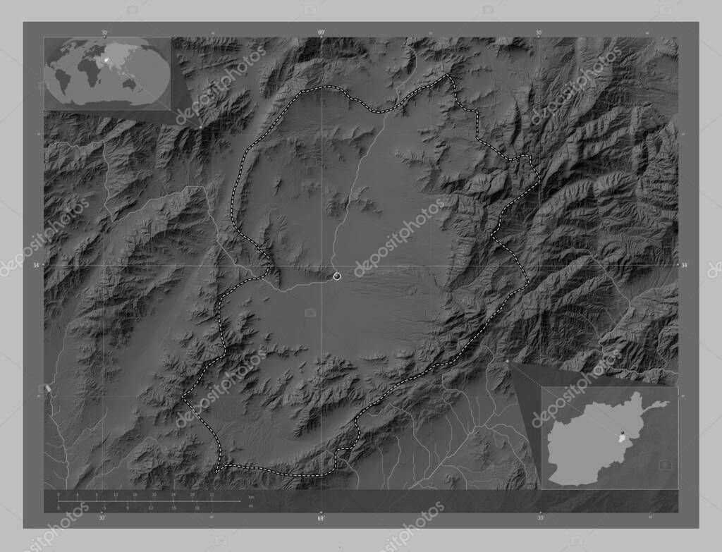 Logar, province of Afghanistan. Grayscale elevation map with lakes and ...