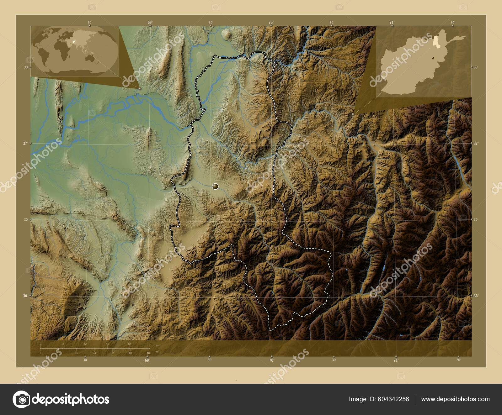 Takhar Province Afghanistan Colored Elevation Map Lakes Rivers Corner ...