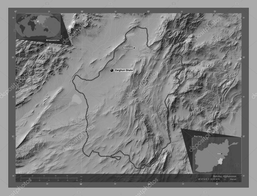 Paktika, province of Afghanistan. Bilevel elevation map with lakes and ...