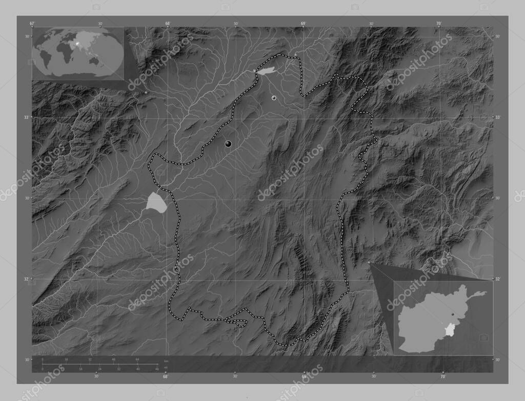 Paktika, province of Afghanistan. Grayscale elevation map with lakes ...