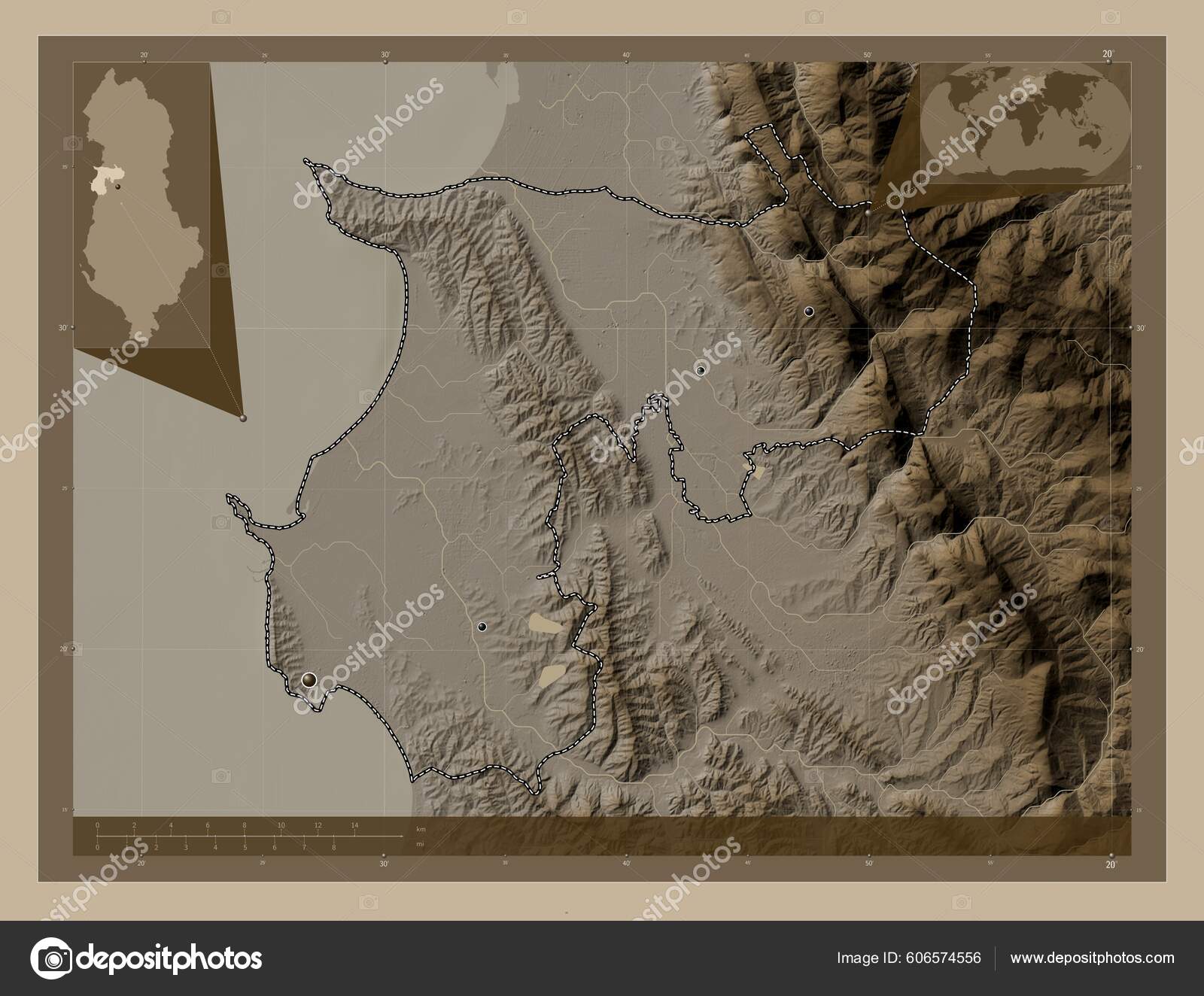 Durres County Albania Elevation Map Colored Sepia Tones Lakes Rivers ...