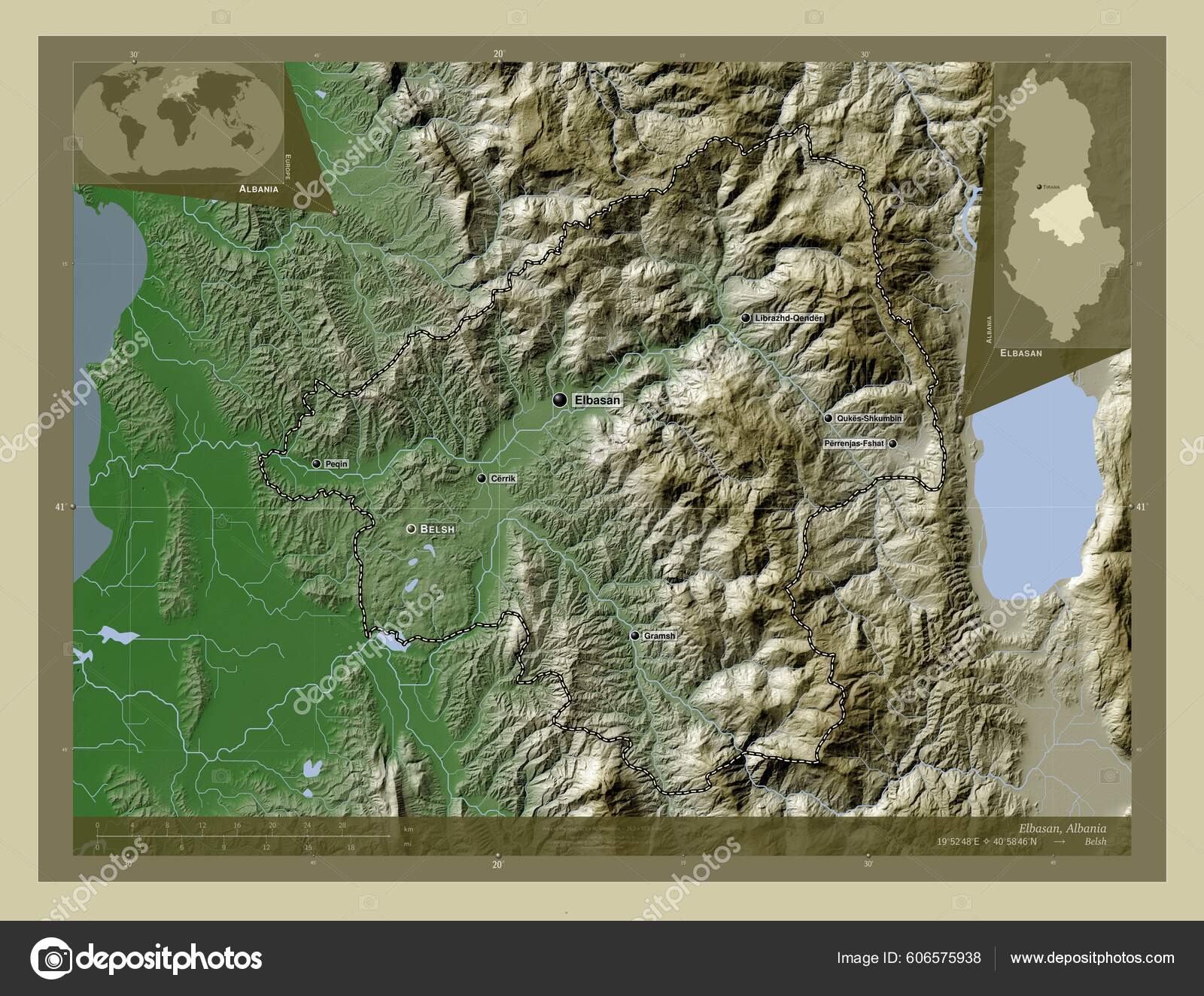 Elbasan County Albania Elevation Map Colored Wiki Style Lakes Rivers ...