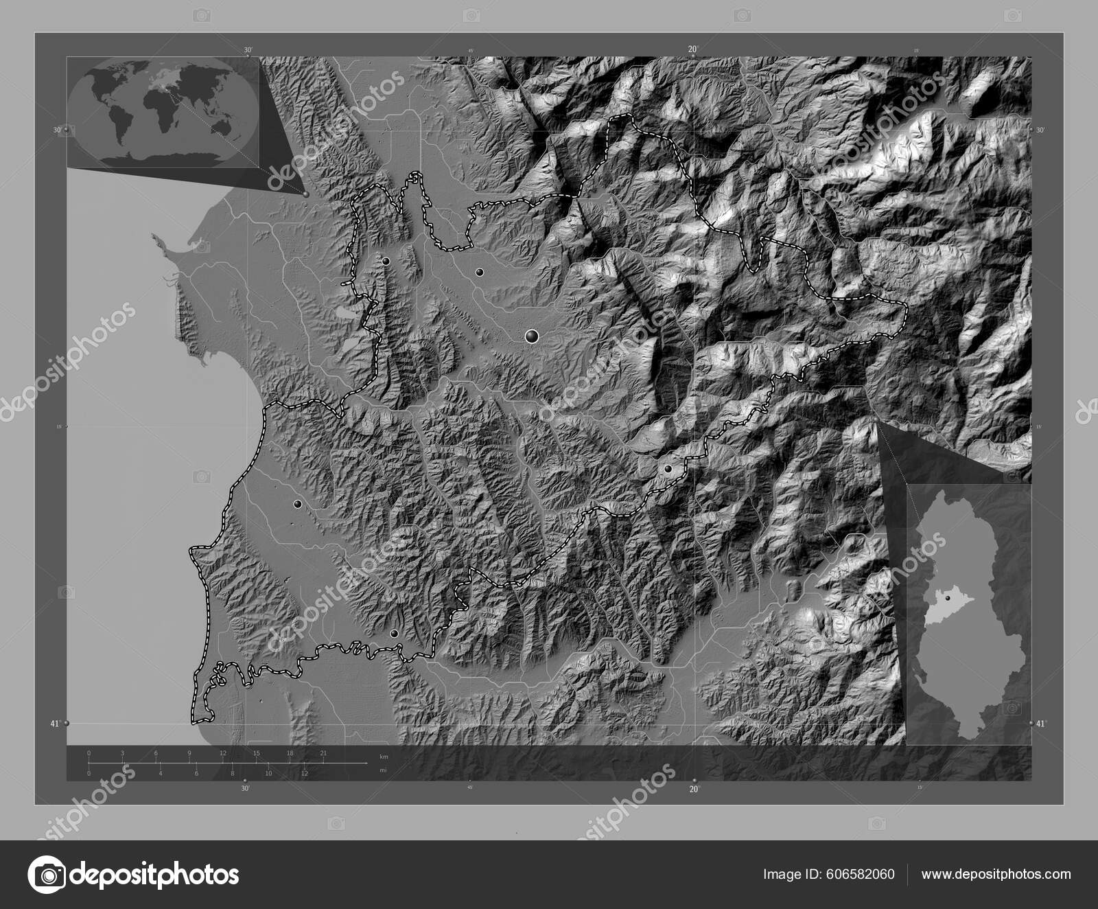 Tirane County Albania Bilevel Elevation Map Lakes Rivers Locations ...