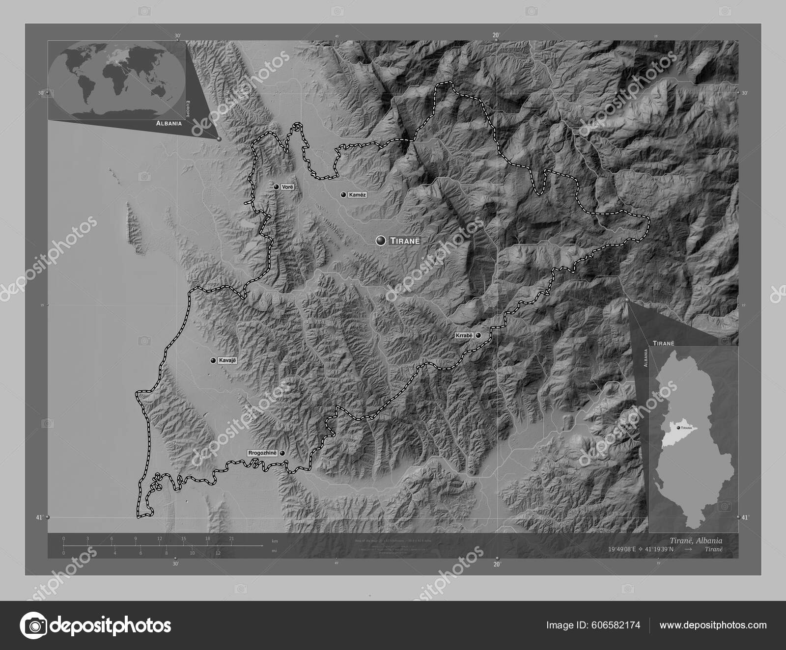 Tirane County Albania Grayscale Elevation Map Lakes Rivers Locations ...