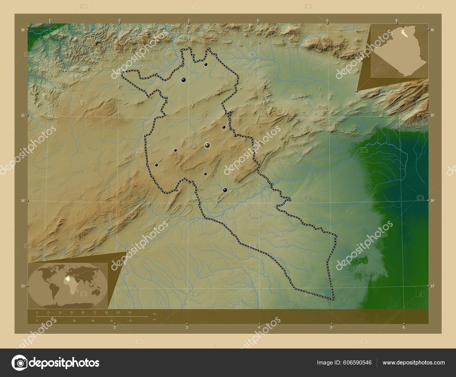 Djelfa Province Algeria Colored Elevation Map Lakes Rivers Locations ...