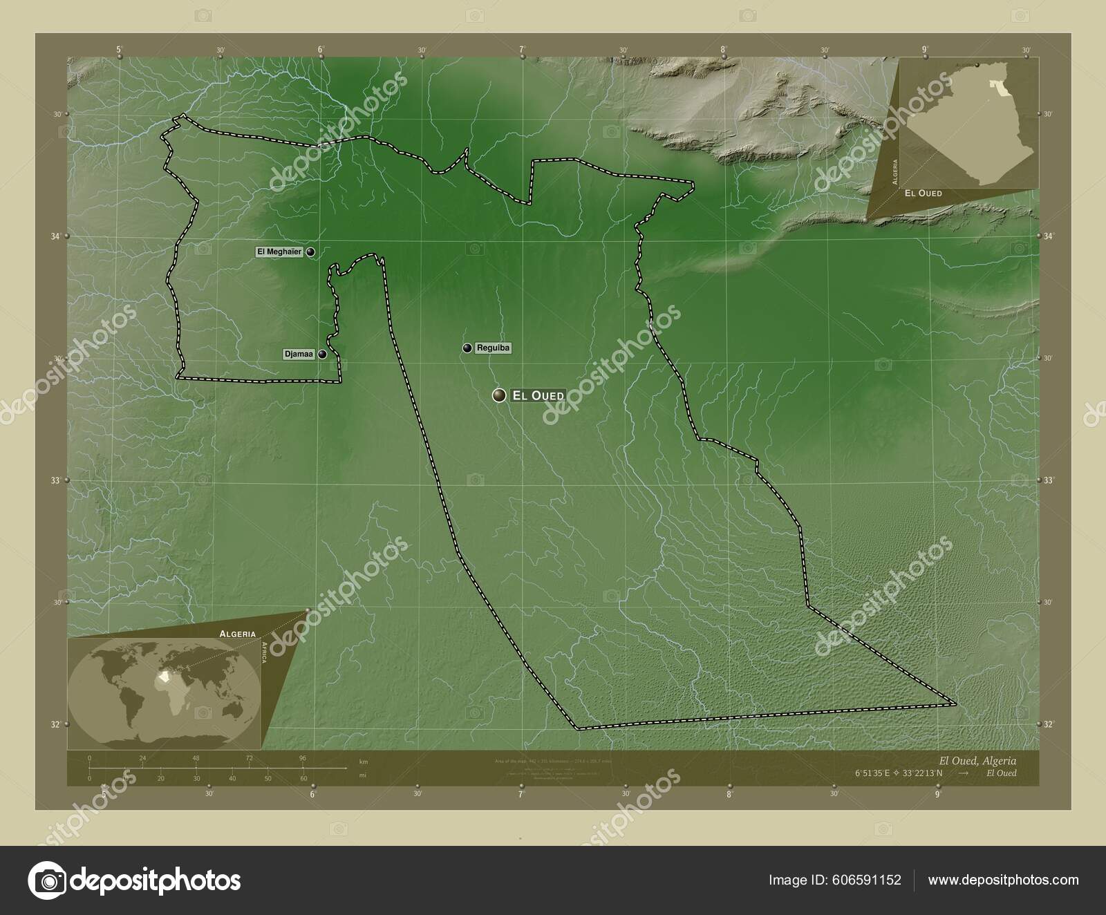 Oued Province Algeria Elevation Map Colored Wiki Style Lakes Rivers ...