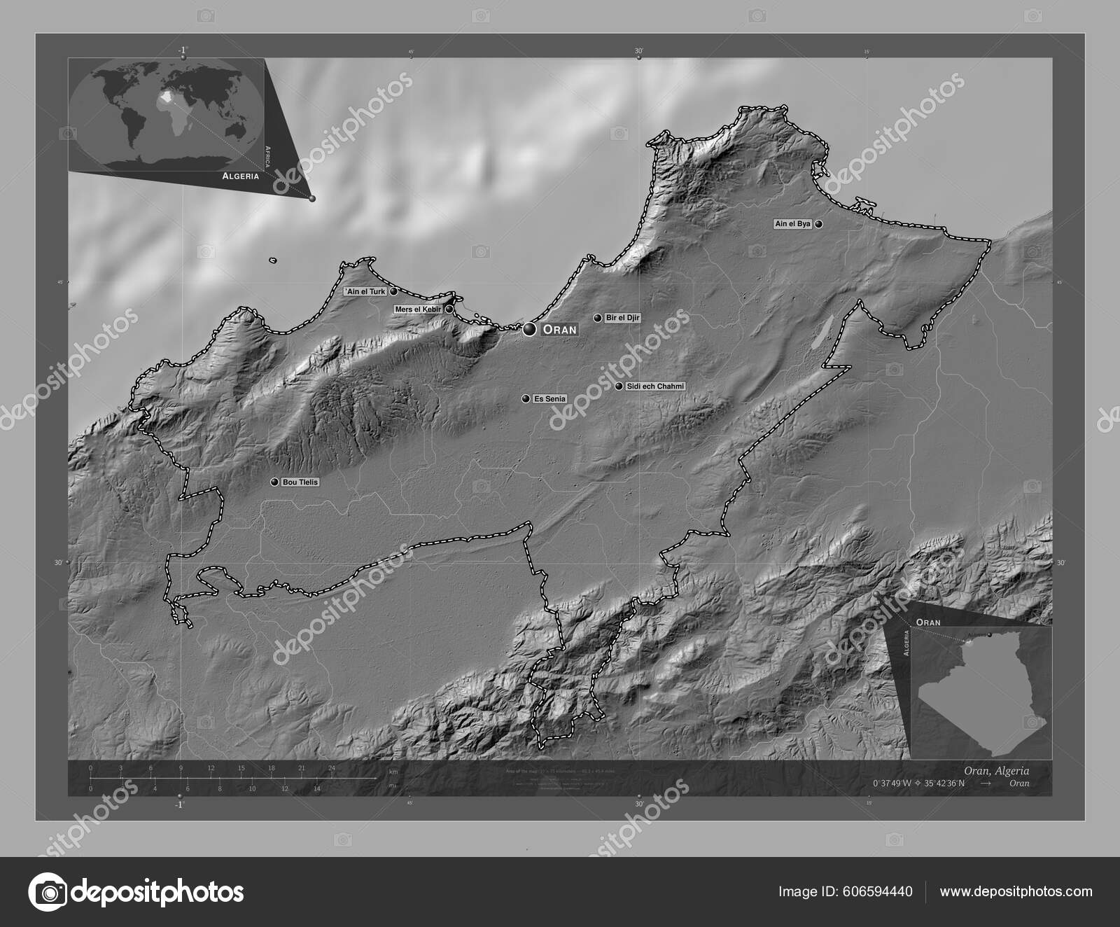 Oran Province Algeria Bilevel Elevation Map Lakes Rivers Locations ...