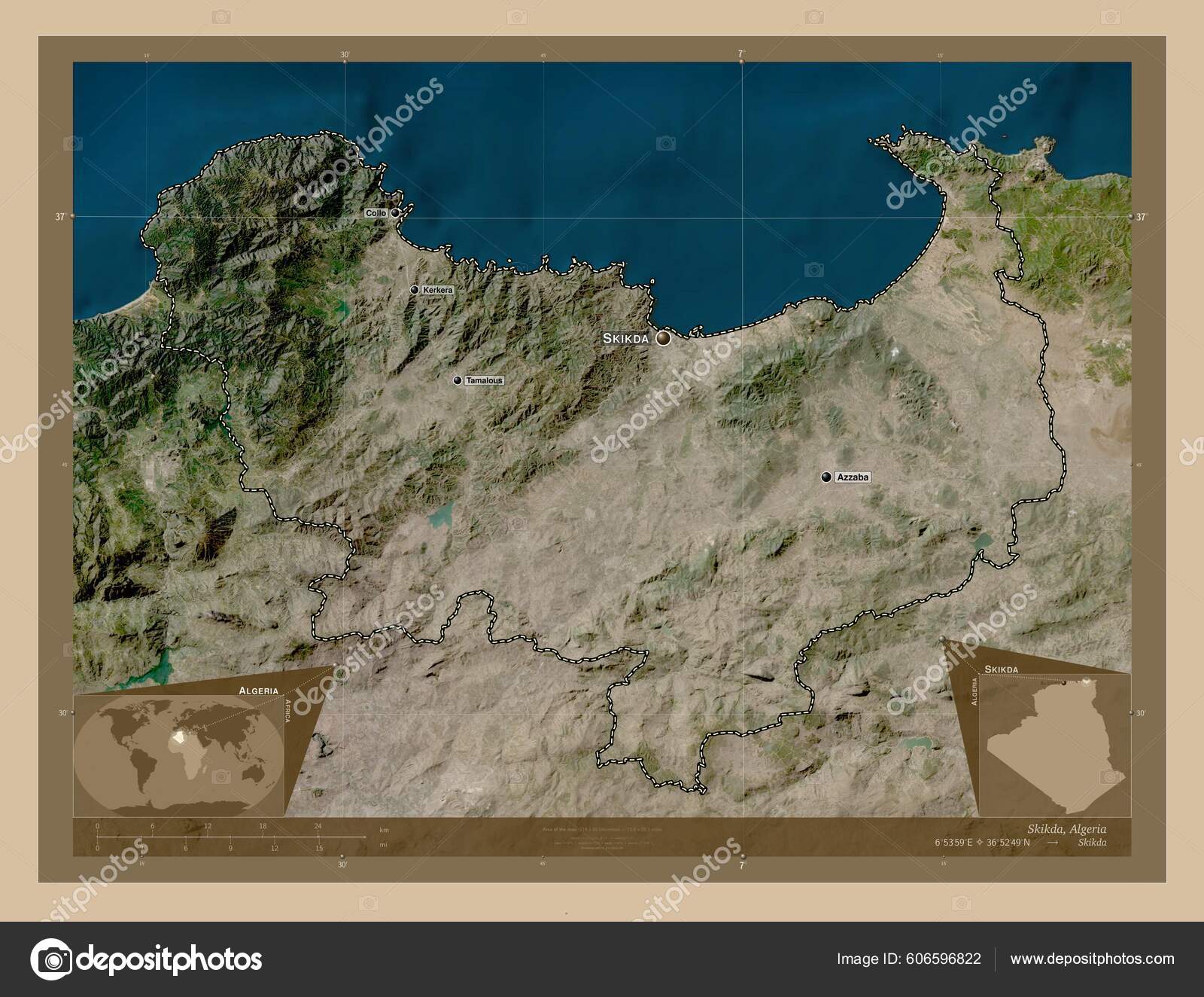 Skikda Province Algeria Low Resolution Satellite Map Locations Names ...
