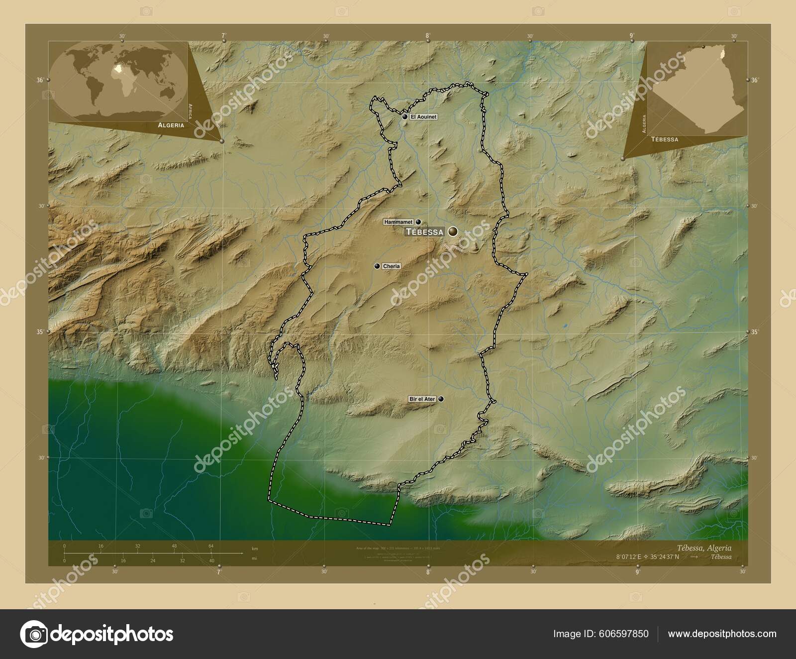 Tebessa Province Algeria Colored Elevation Map Lakes Rivers Locations ...