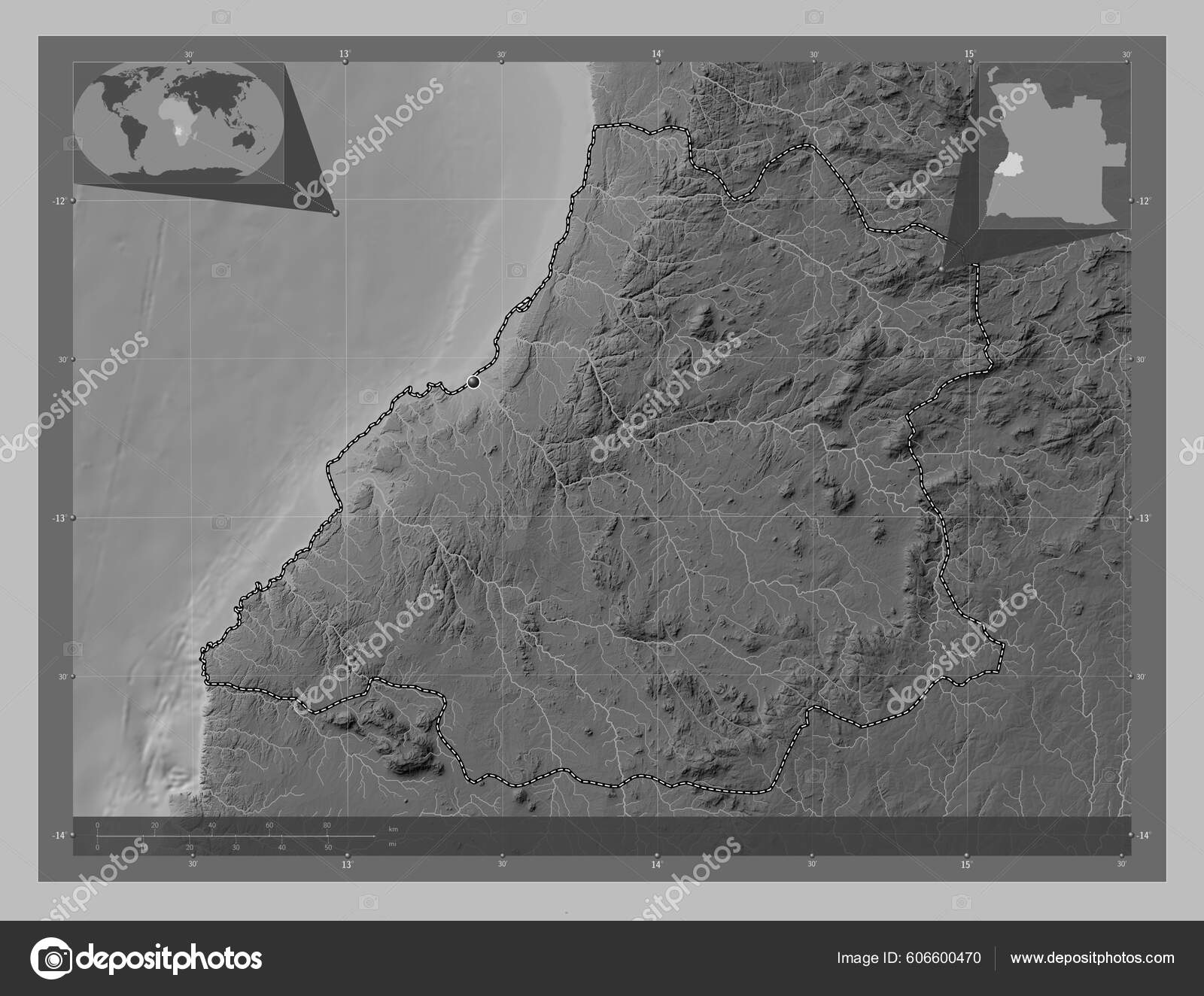 Benguela Province Angola Grayscale Elevation Map Lakes Rivers Corner ...