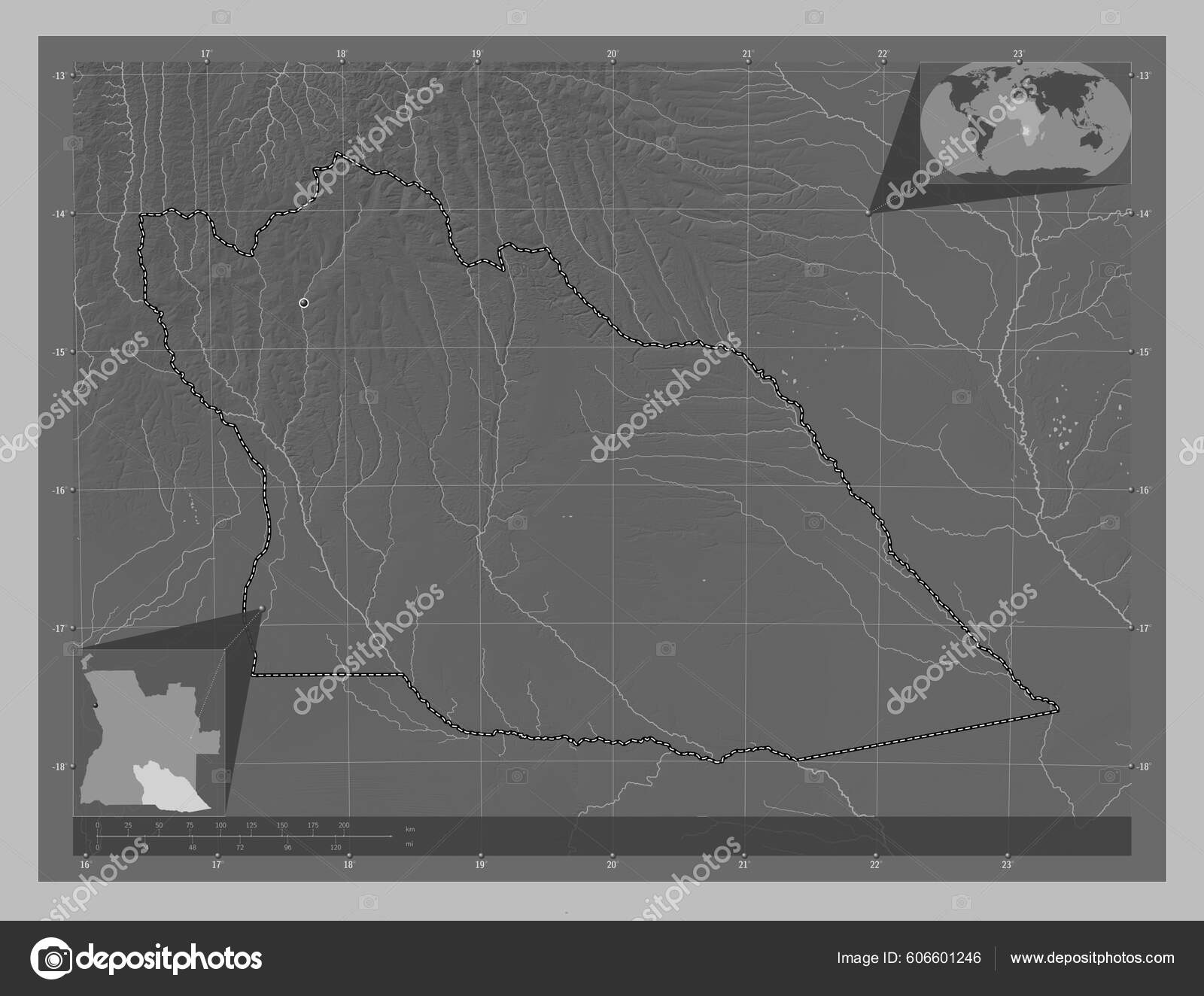 Cuando Cubango Province Angola Grayscale Elevation Map Lakes Rivers Corner — Stock Photo ...