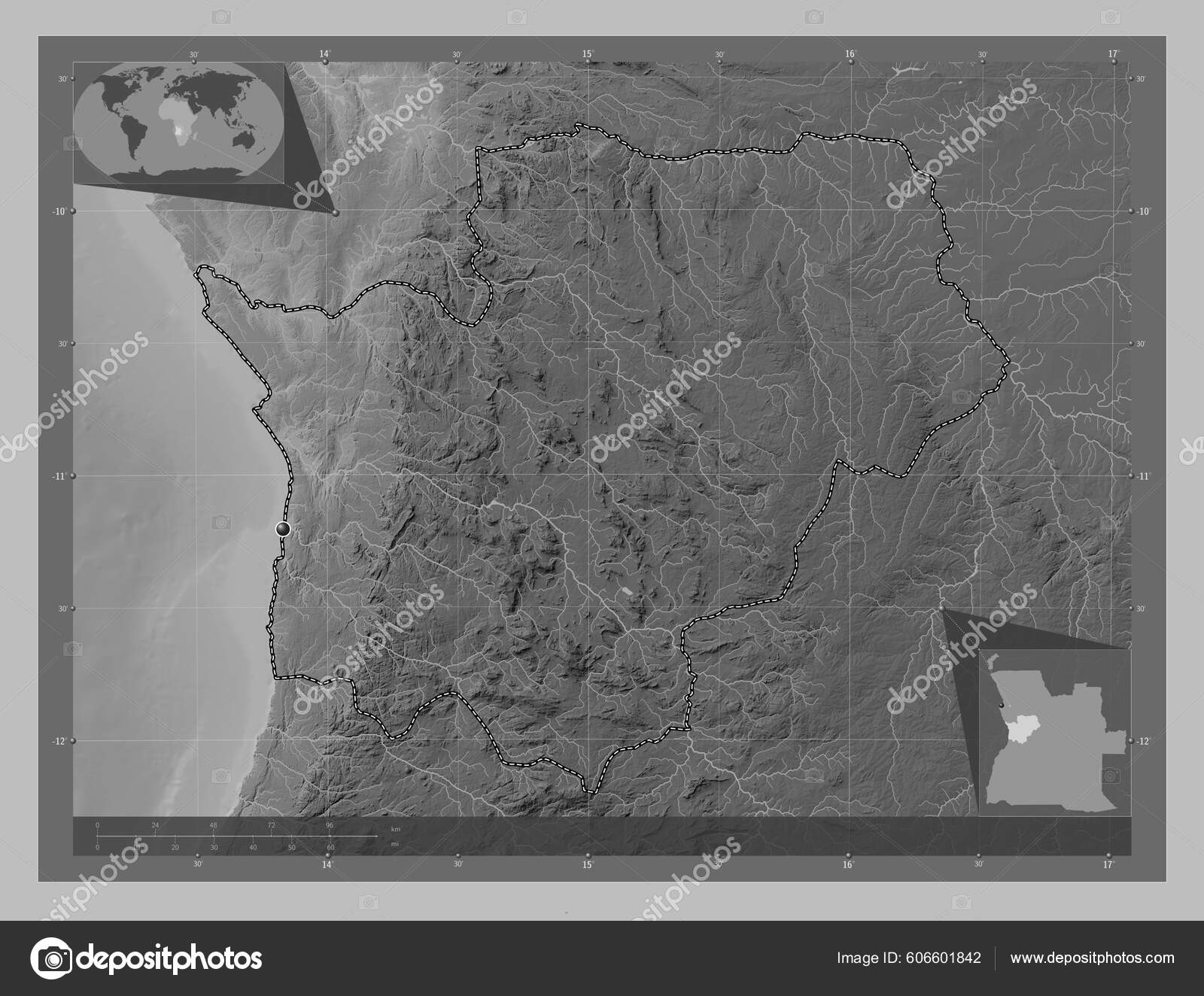 Cuanza Sul Province Angola Grayscale Elevation Map Lakes Rivers Corner — Stock Photo © Yarr65 ...