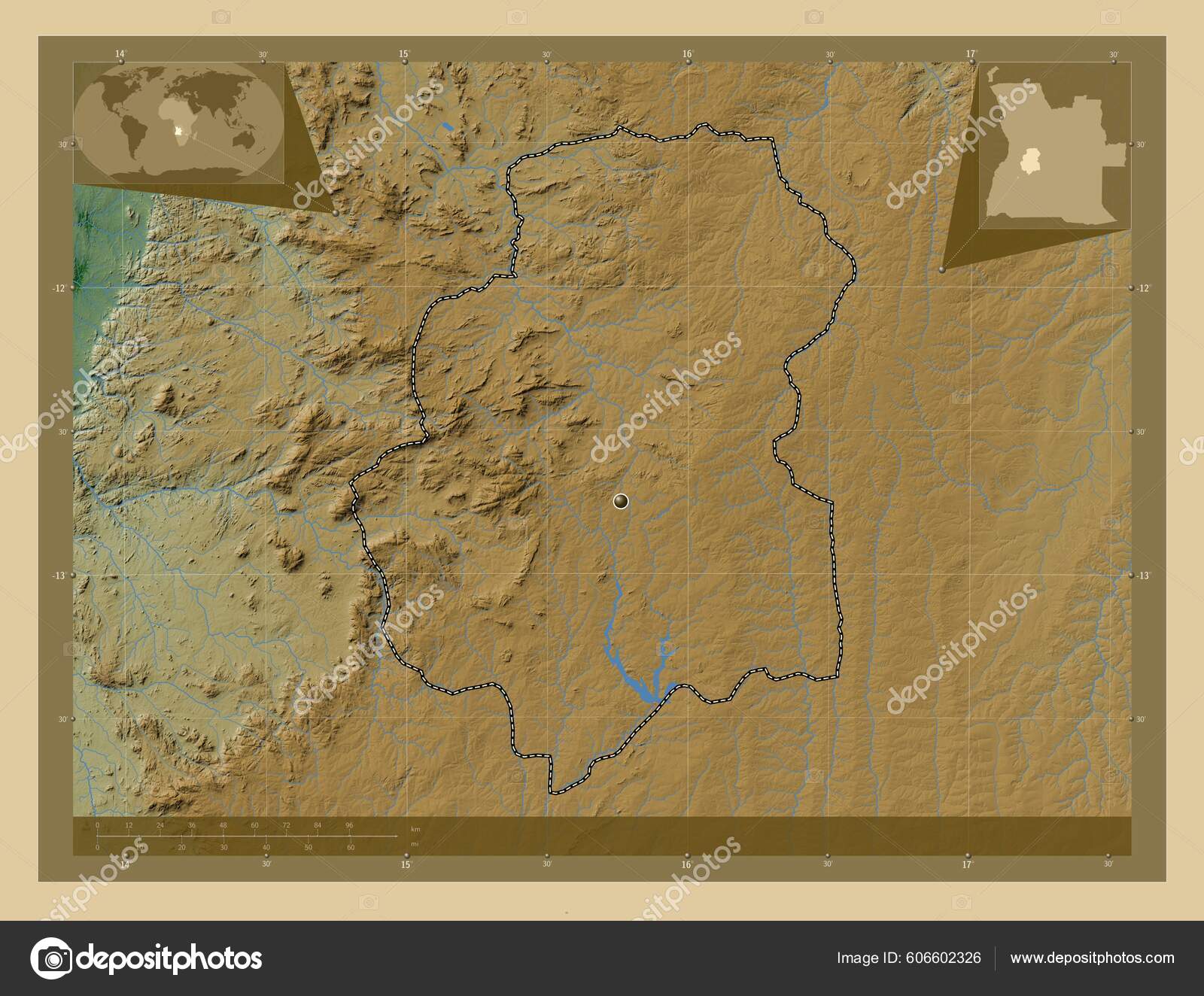 Huambo Province Angola Colored Elevation Map Lakes Rivers Corner ...