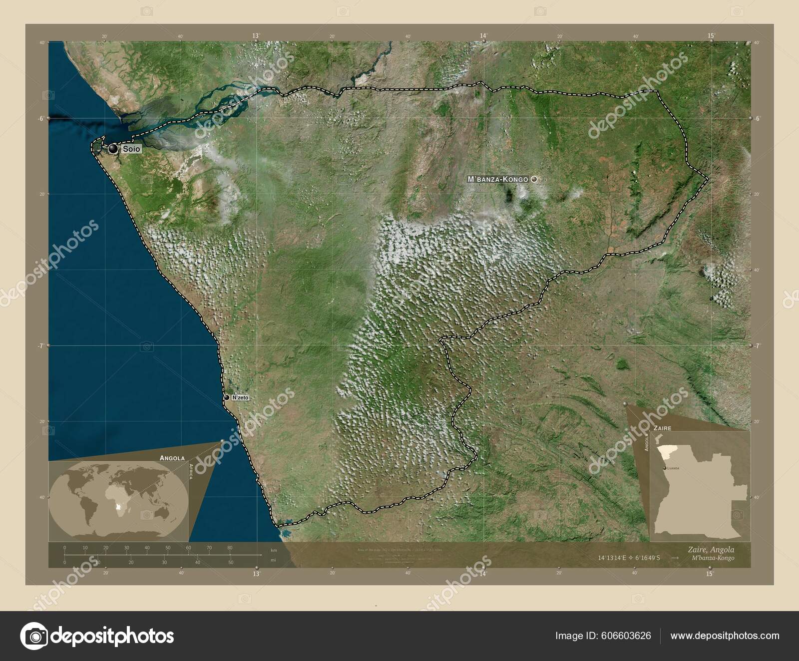 Zaire Province Angola High Resolution Satellite Map Locations Names ...