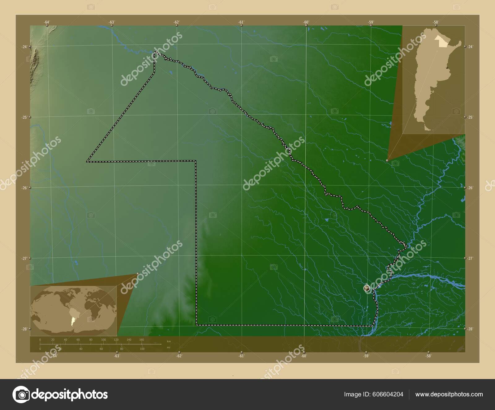 Chaco Province Argentina Colored Elevation Map Lakes Rivers Corner ...