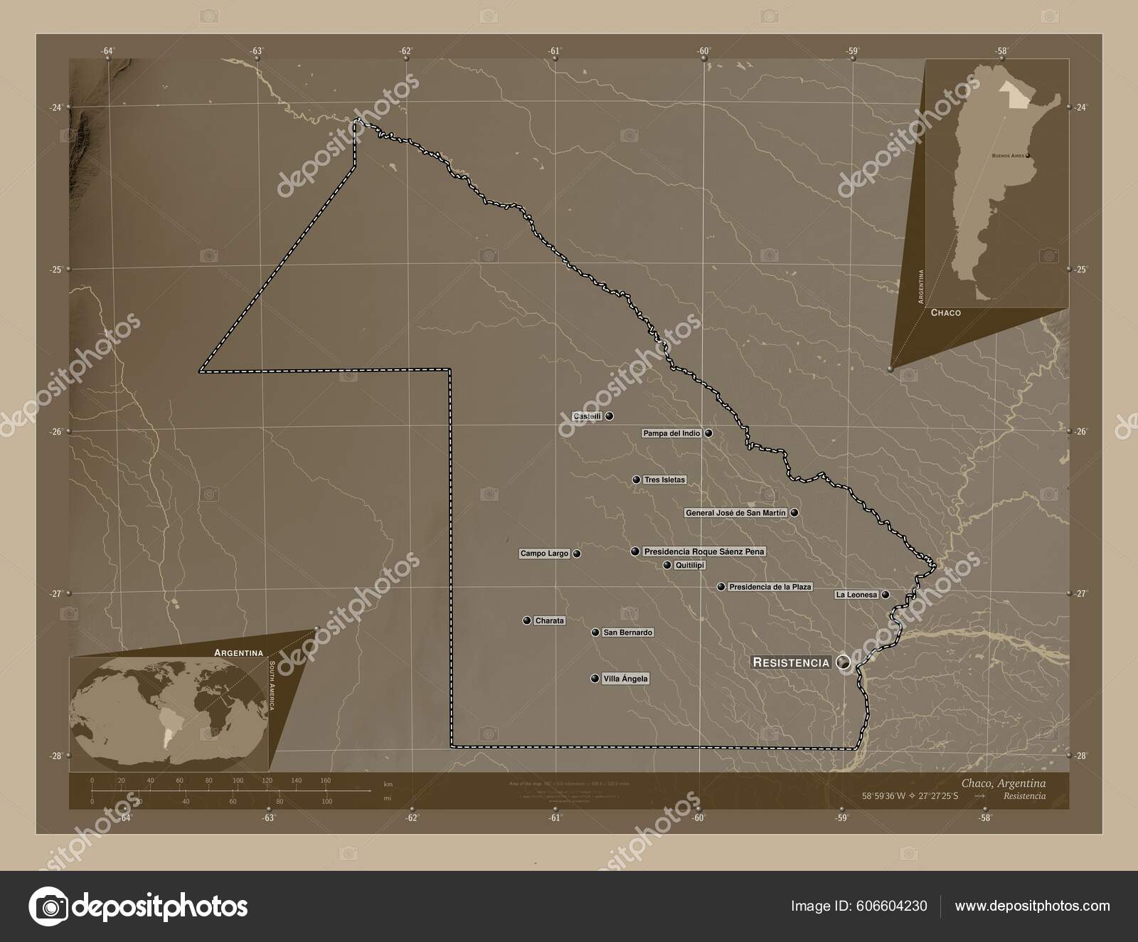Chaco Province Argentina Elevation Map Colored Sepia Tones Lakes Rivers ...