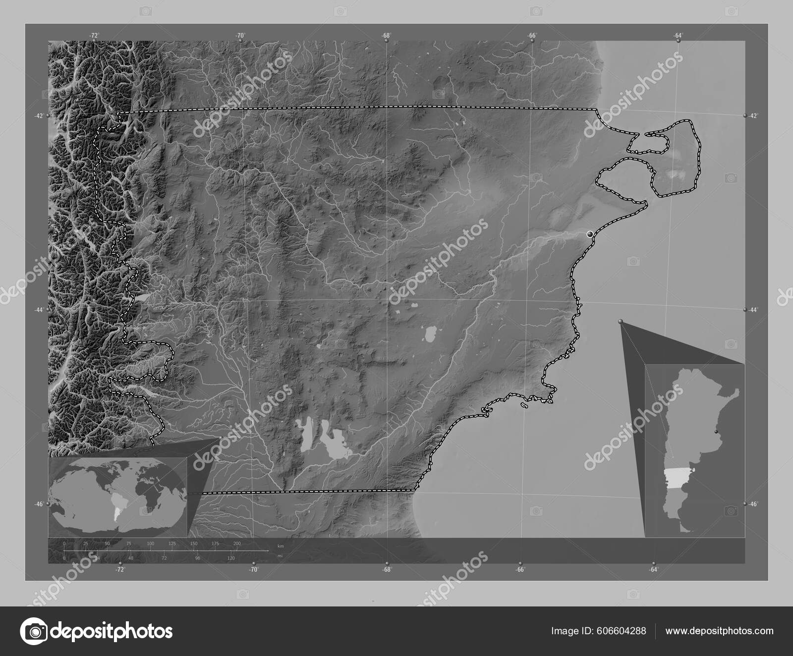 Chubut Province Argentina Grayscale Elevation Map Lakes Rivers Corner ...