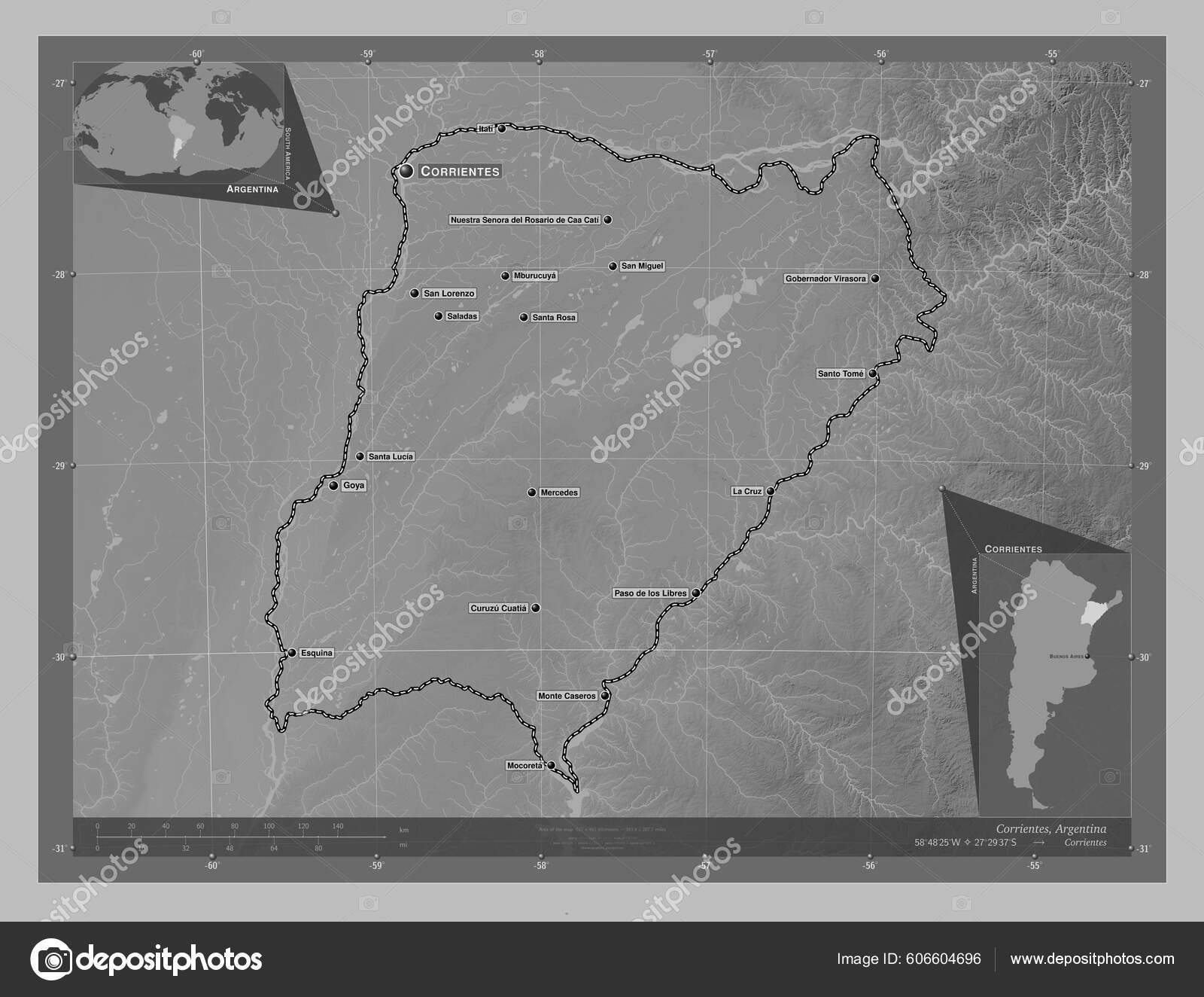 Corrientes Province Argentina Grayscale Elevation Map Lakes Rivers ...