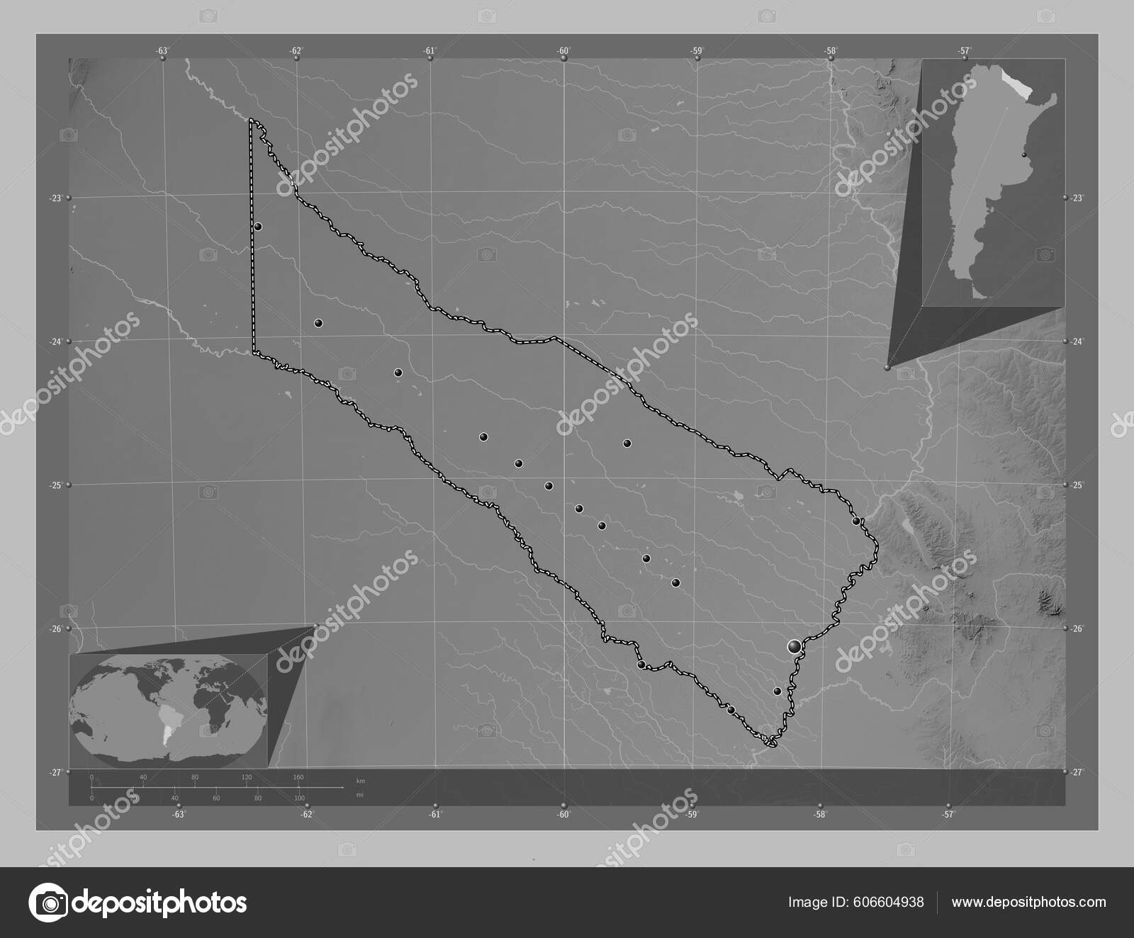Formosa Province Argentina Grayscale Elevation Map Lakes Rivers ...