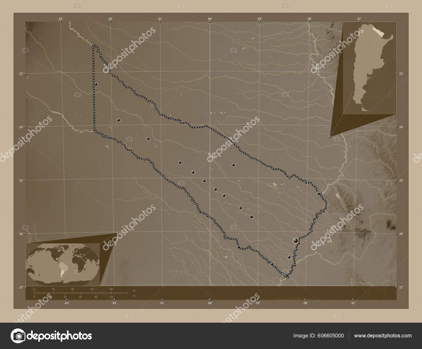 Formosa Province Argentina Elevation Map Colored Sepia Tones Lakes ...