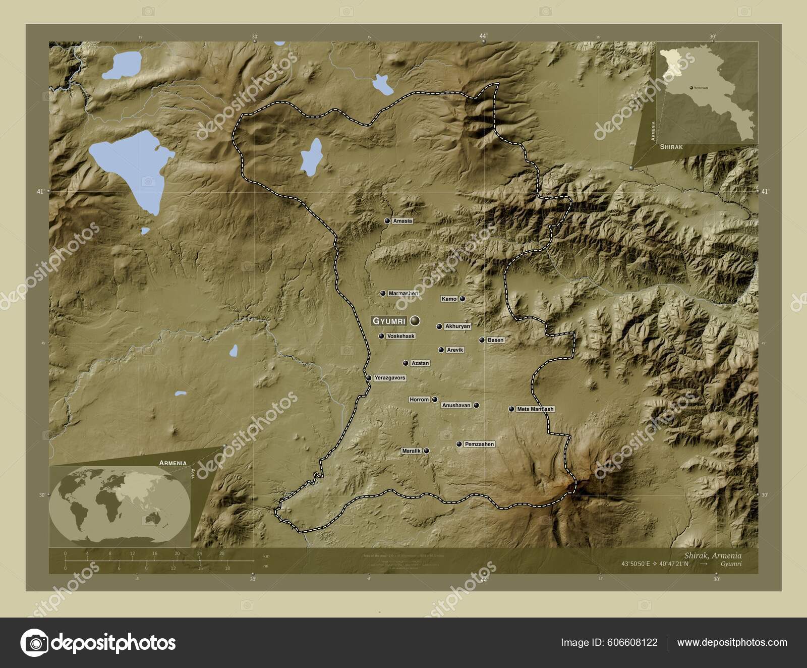Shirak Province Armenia Elevation Map Colored Wiki Style Lakes Rivers ...