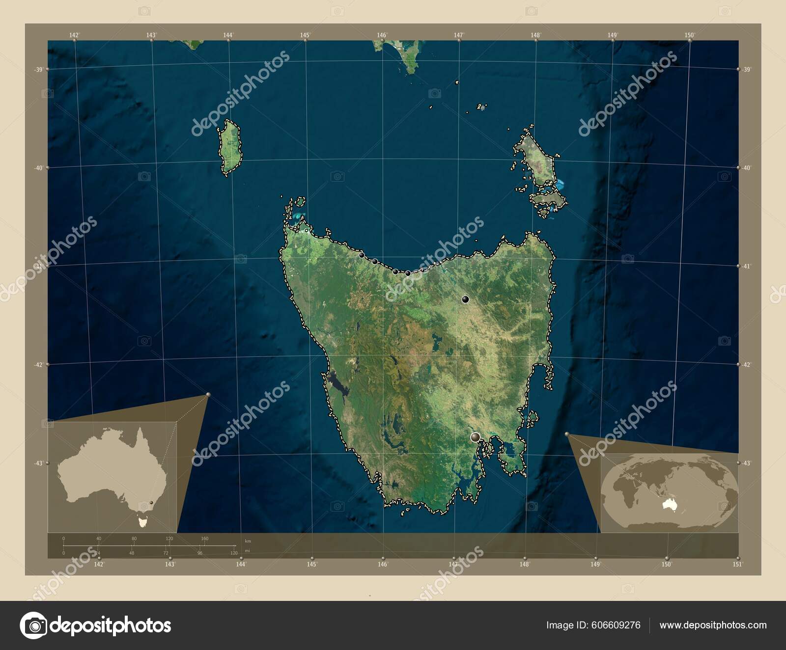 Tasmania State Australia High Resolution Satellite Map Locations Major ...