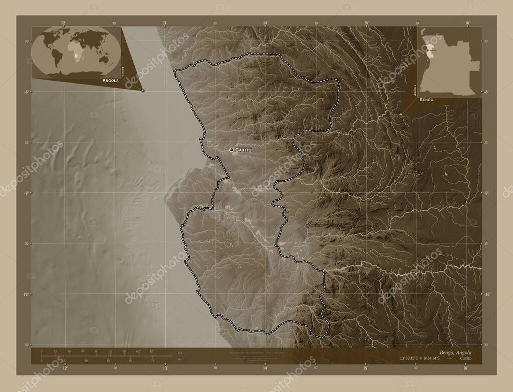 Bengo, provincia de Angola. Mapa de elevación coloreado en tonos sepia ...