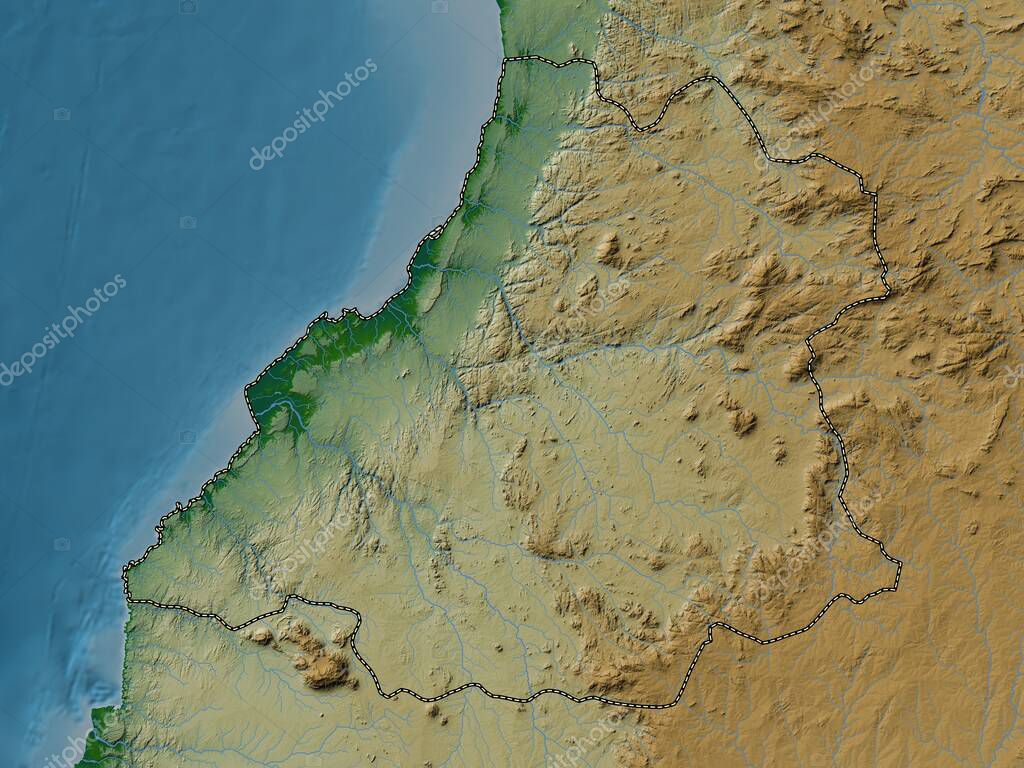 Benguela, provincia de Angola. Mapa de elevación de colores con lagos y ...