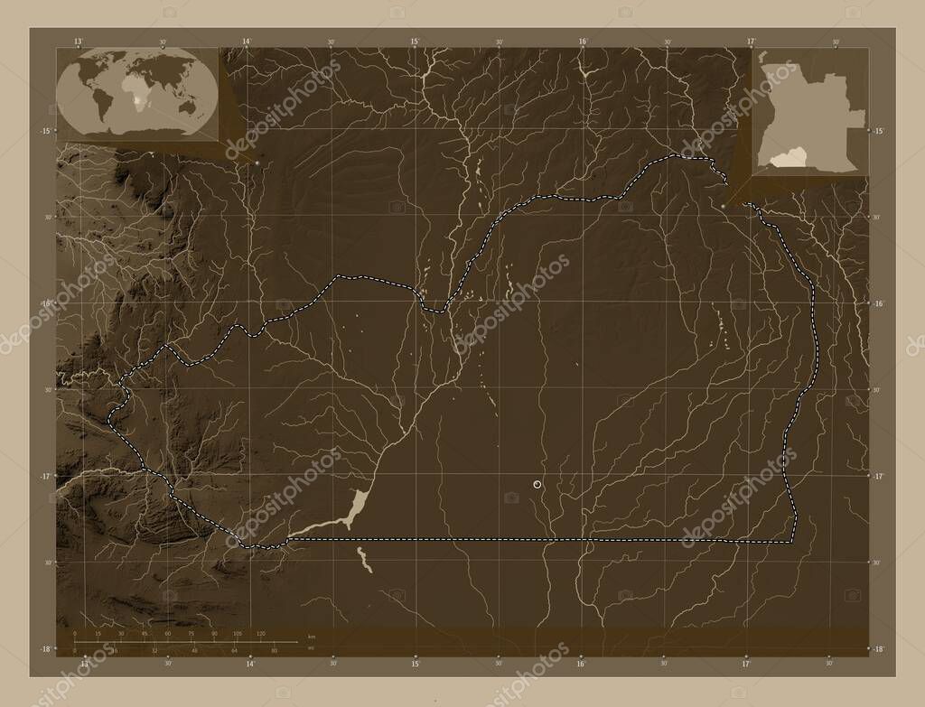 Cunene, provincia de Angola. Mapa de elevación coloreado en tonos sepia ...