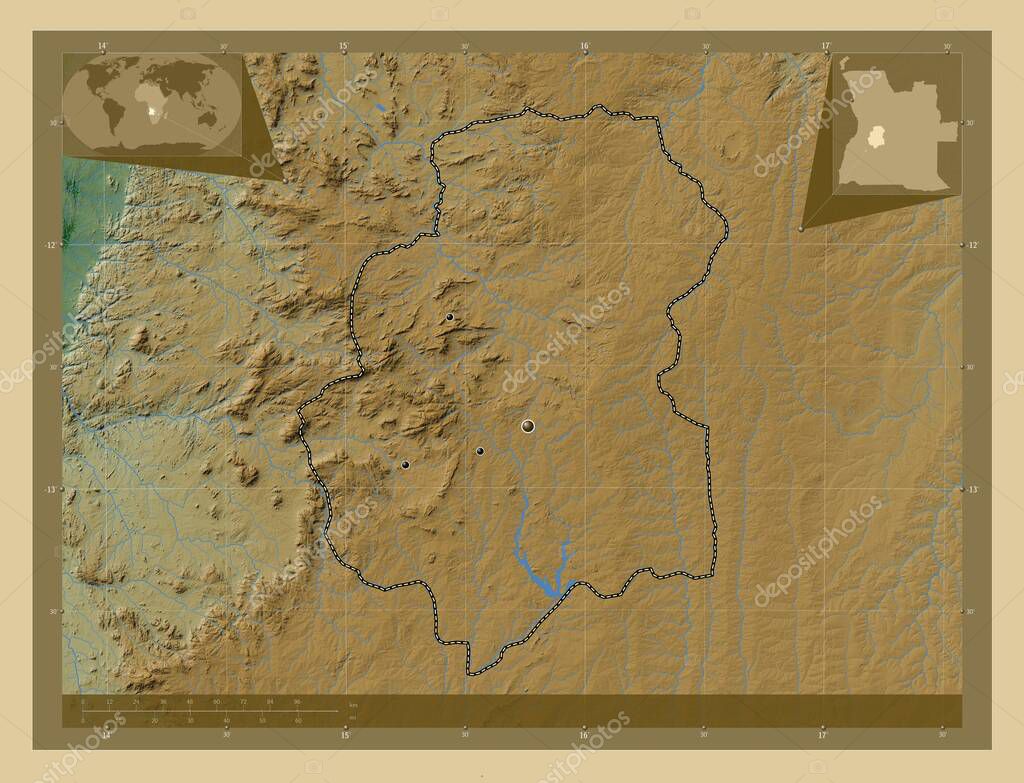 Huambo, provincia de Angola. Mapa de elevación de colores con lagos y ...
