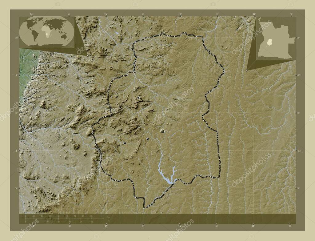 Huambo, provincia de Angola. Mapa de elevación coloreado en estilo wiki ...