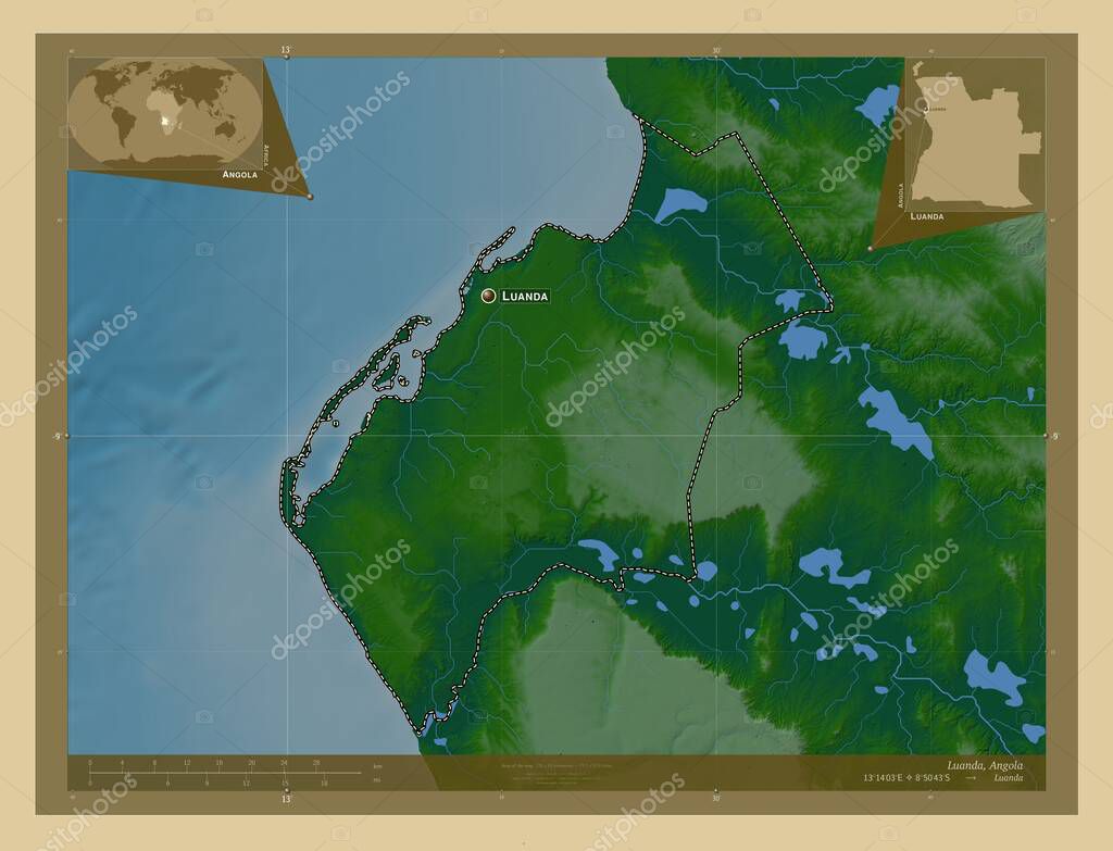 Luanda, provincia de Angola. Mapa de elevación de colores con lagos y ...