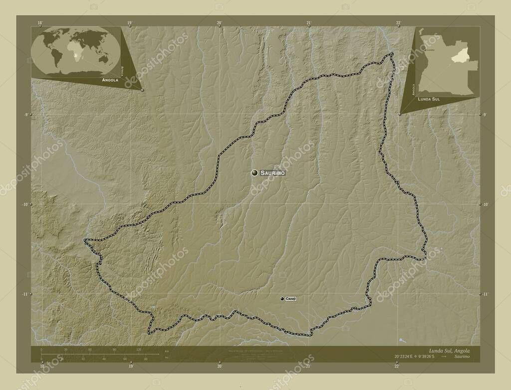 Lunda Sul, provincia de Angola. Mapa de elevación coloreado en estilo ...