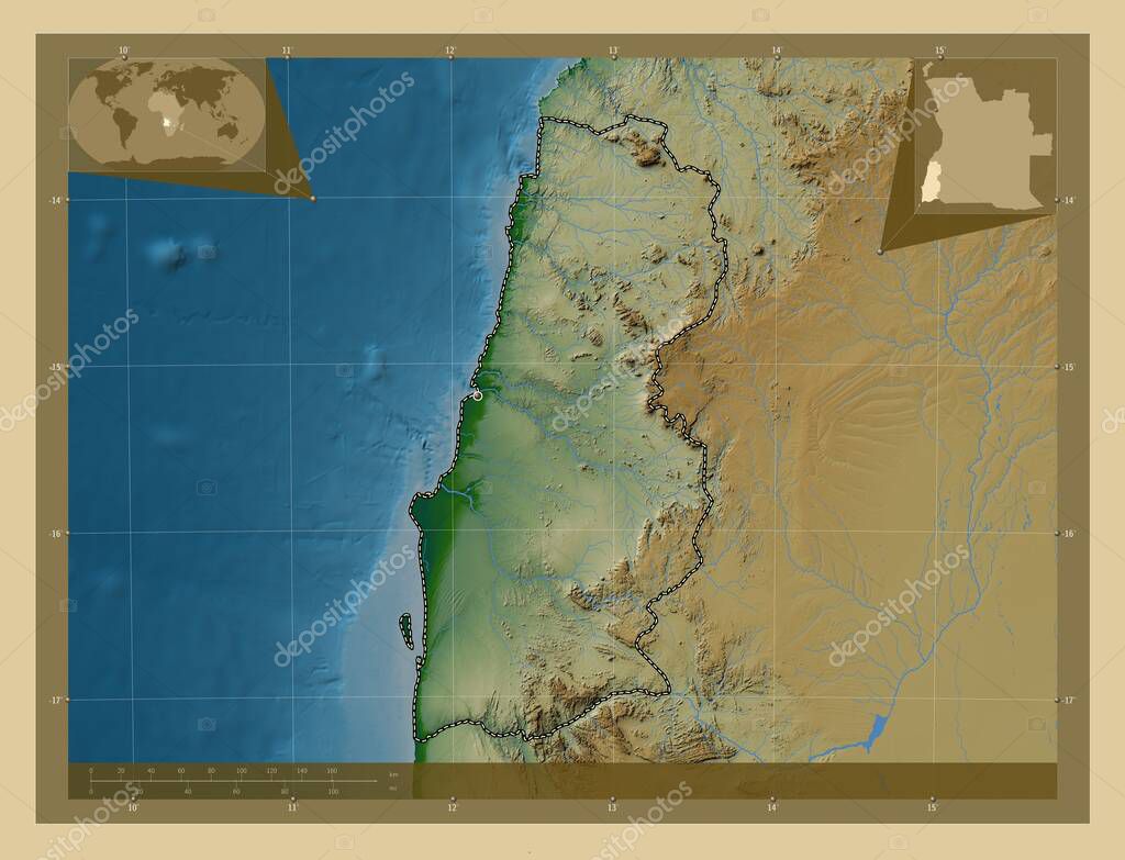 Namibe, provincia de Angola. Mapa de elevación de colores con lagos y ...