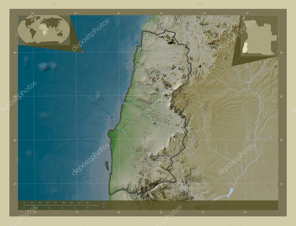 Namibe, provincia de Angola. Mapa de elevación coloreado en estilo wiki ...