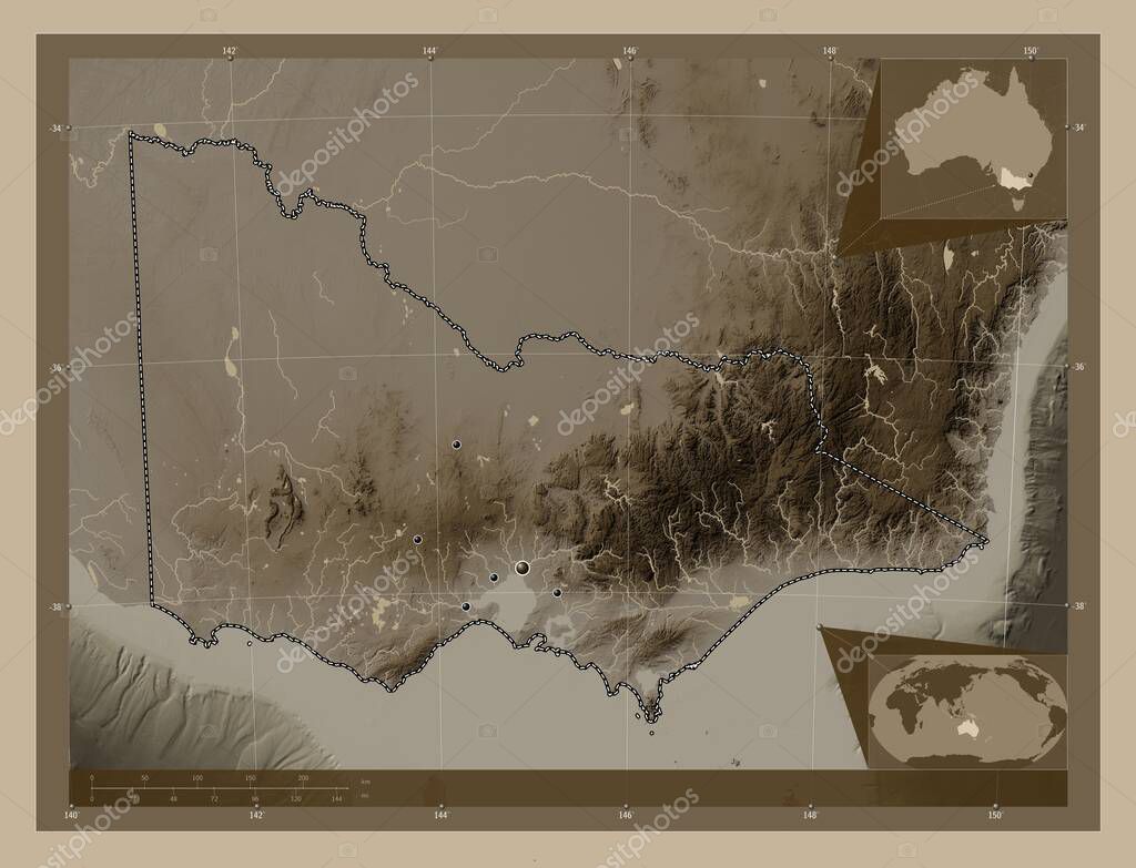 Victoria, estado de Australia. Mapa de elevación coloreado en tonos ...