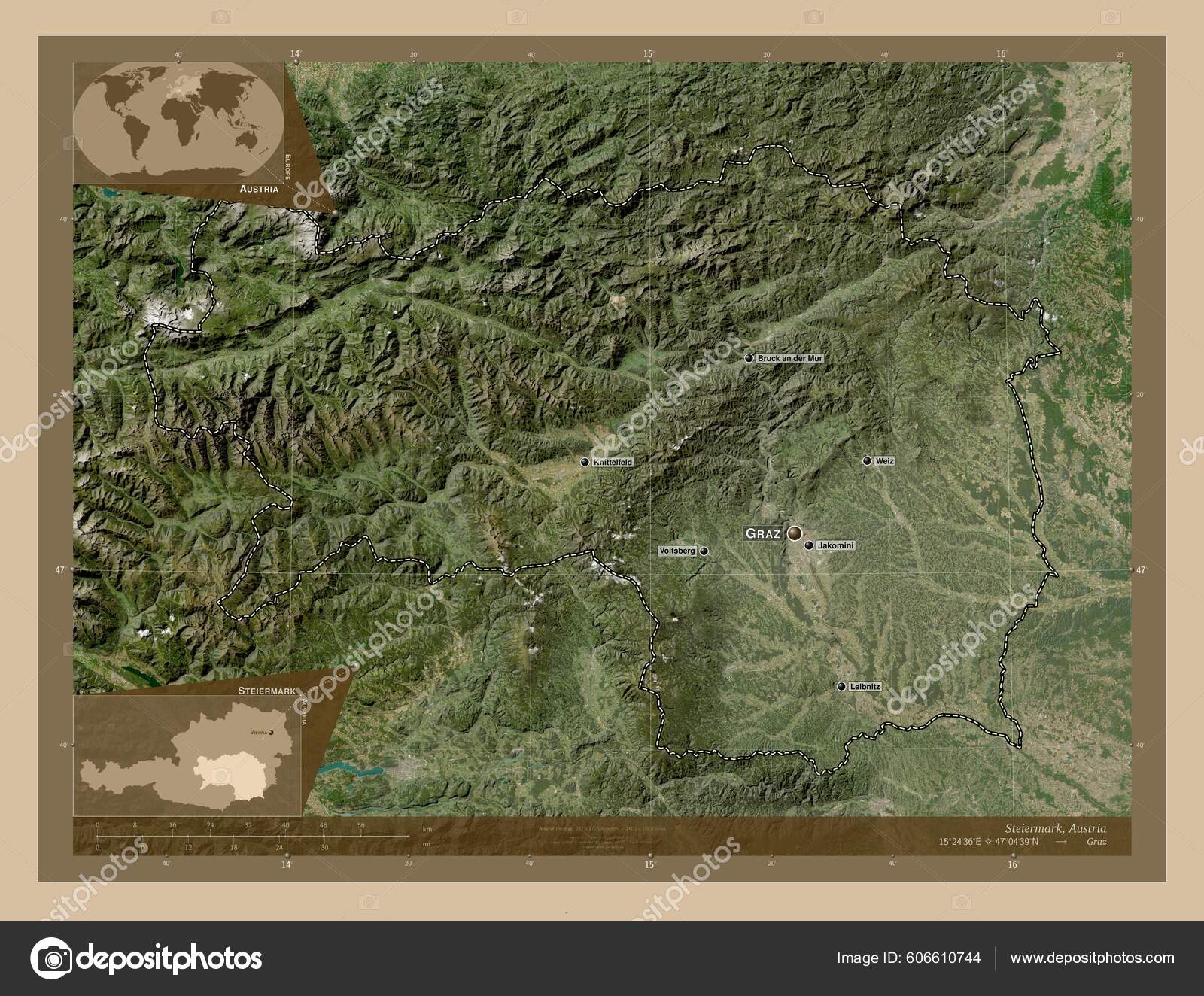 Steiermark State Austria Low Resolution Satellite Map Locations Names ...