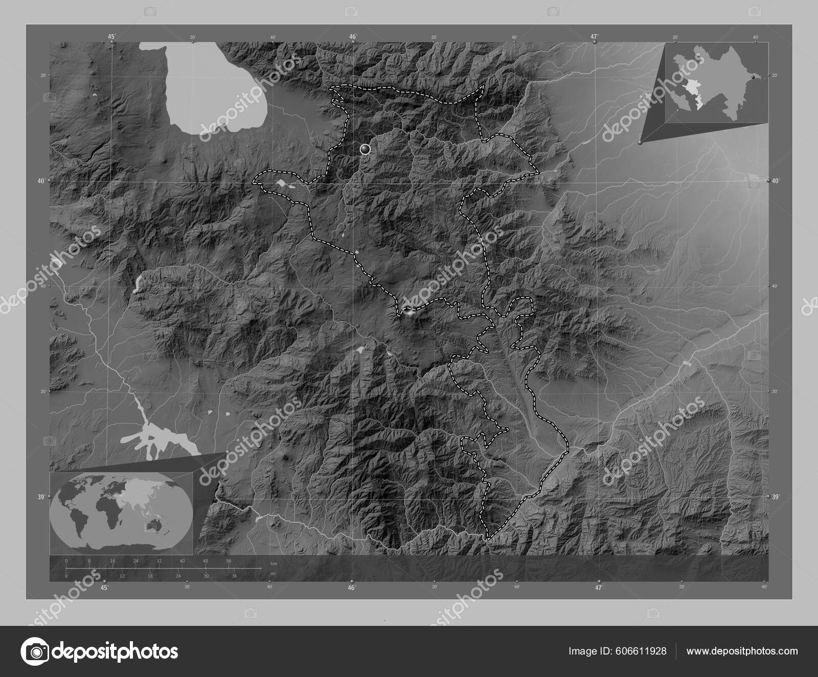 Kalbajar Lachin Region Azerbaijan Grayscale Elevation Map Lakes Rivers ...